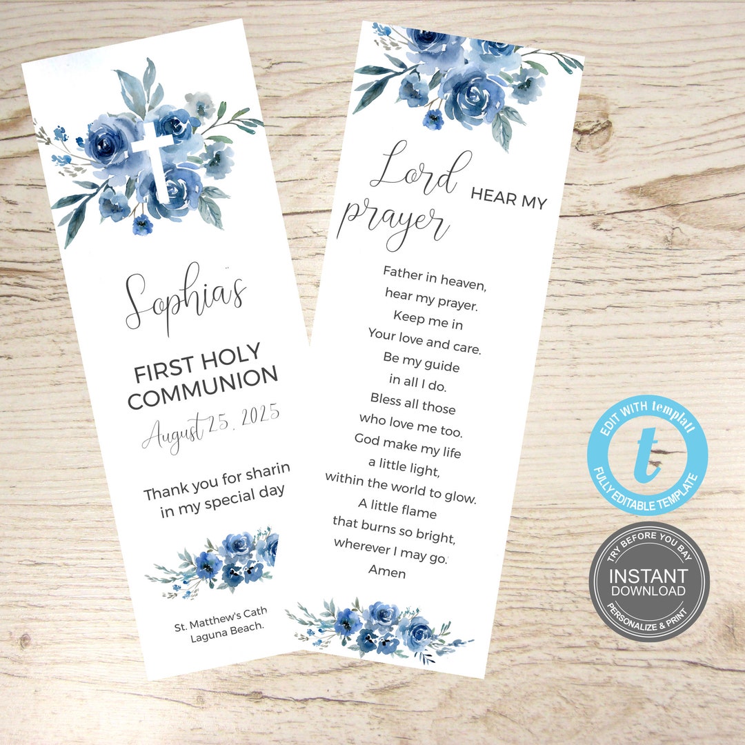 First Communion Bookmark Template Blue Baptism Prayer Card - Etsy