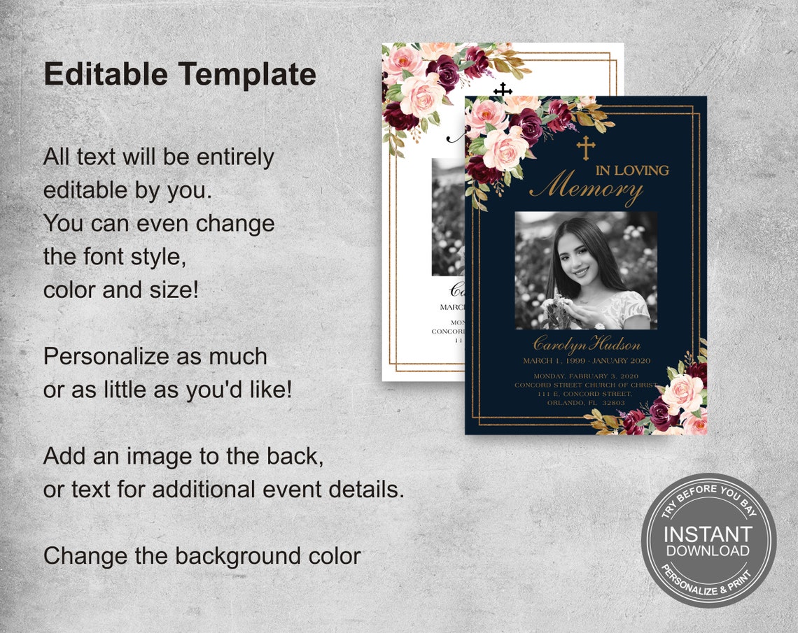 Funeral Prayer Card Printable Memorial Prayer Card Template | Etsy