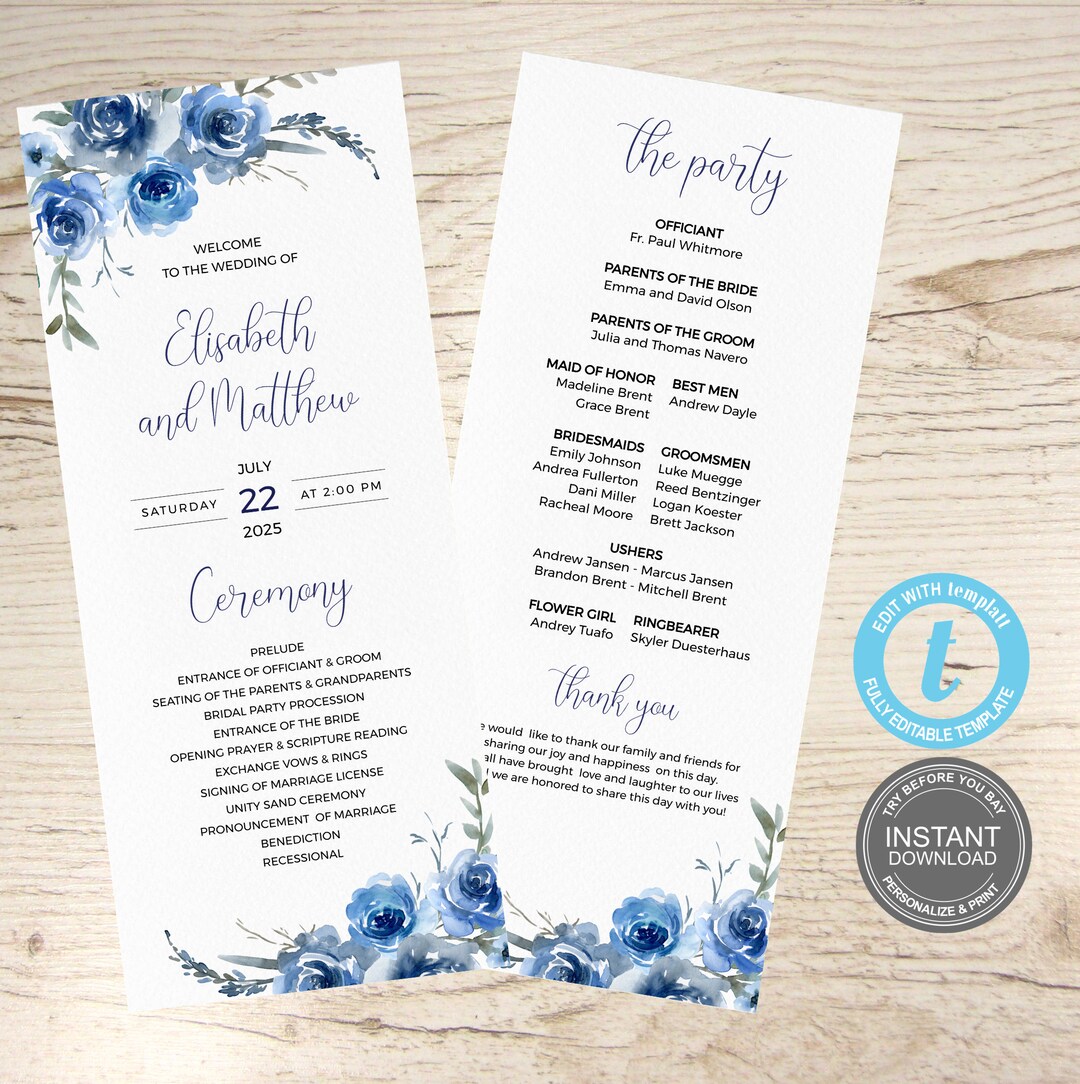 Wedding Program Template, Elegant Wedding Programs, Ceremony Program ...