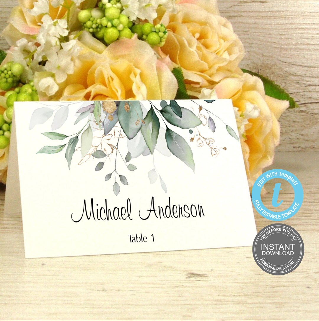 Place Cards Template, Wedding Name Cards, Greenery, Instant Download ...