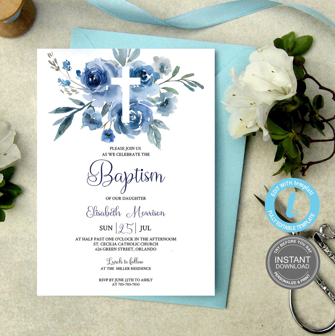 Baptism Invitation Template Blue Watercolor Flowers - Etsy