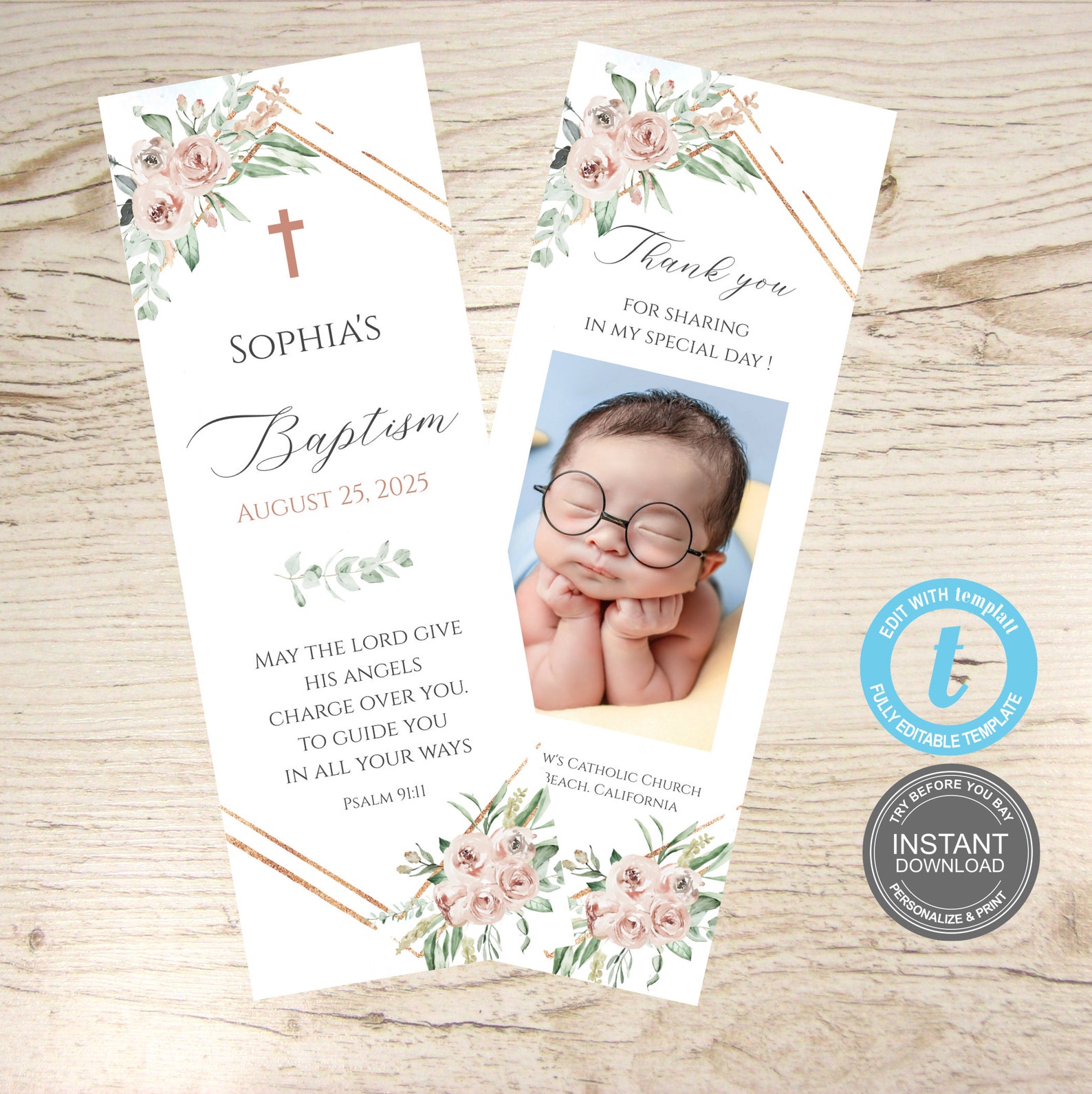 Baptism Bookmark Template Instant Download Editable Bookmark - Etsy