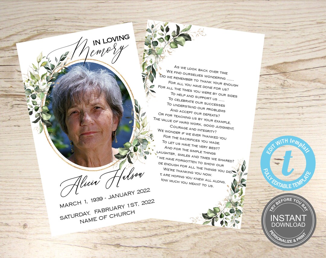 Funeral Prayer Card Printable Memorial Prayer Card Template - Etsy