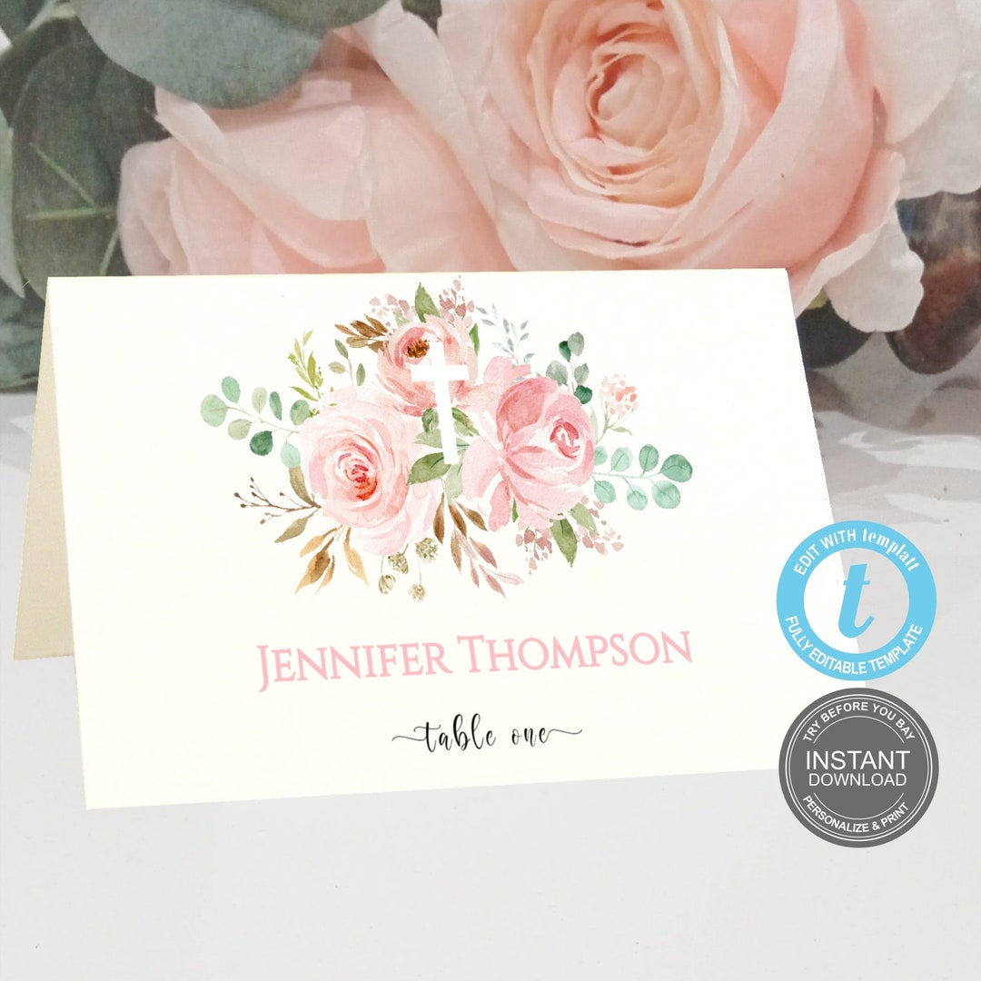 Baptism Place Card Template, Baptism Name Tags, Christening Place Card ...