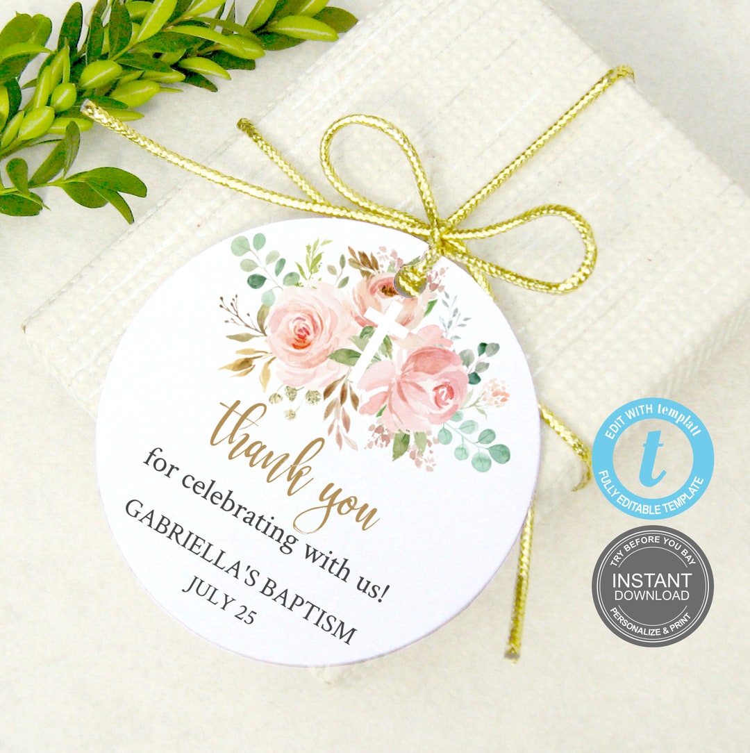 Baptism Thank You Tag Template, Boho Christening Thank You, Editable ...