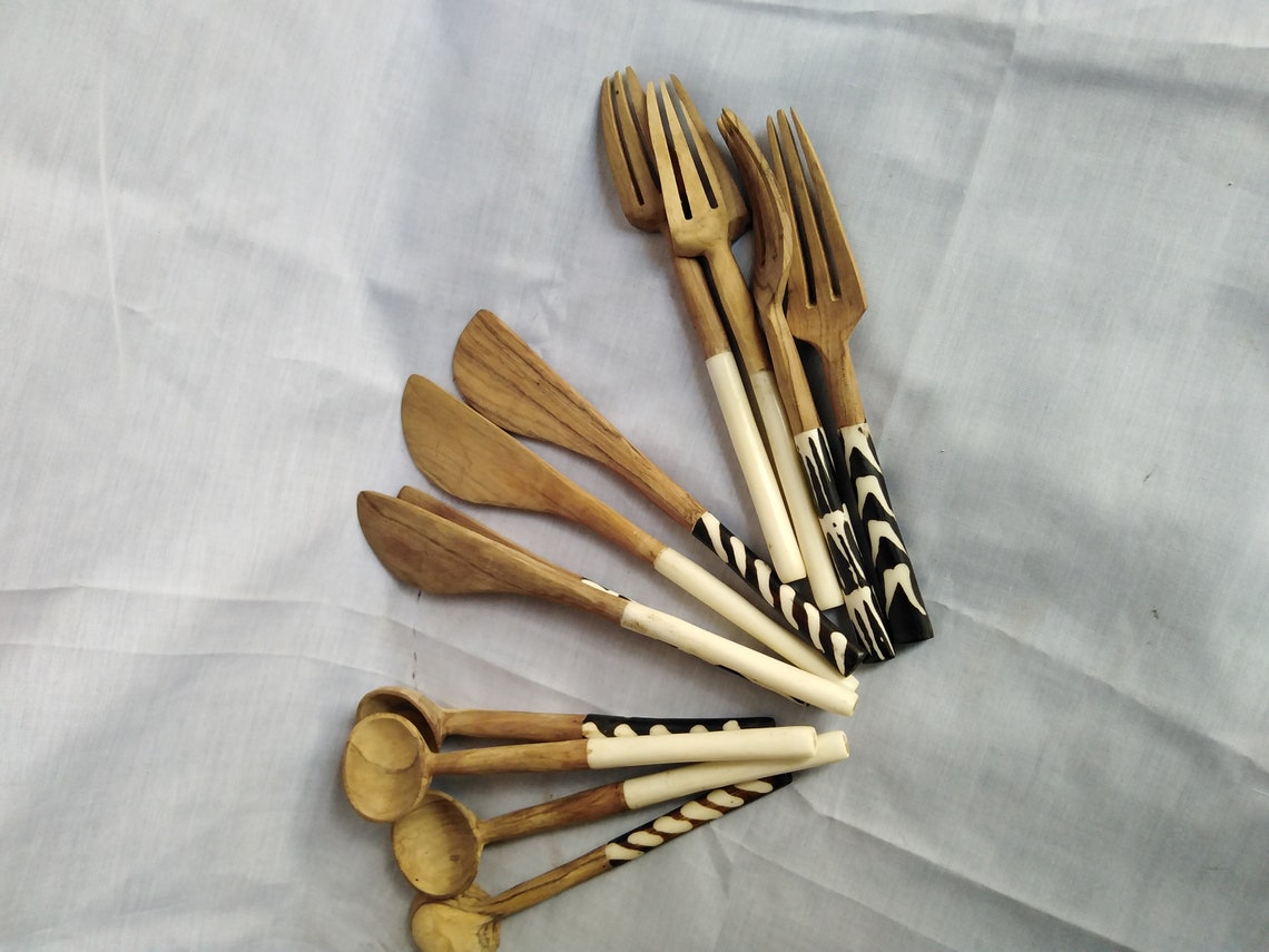 Wholesale Wood and Inlaid Bone Cutlery Set of 4 of 3 Pieces - Etsy