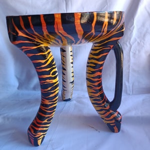 Beautiful Handmade Oval Wood Entiger Print 3 Legged Stool With a Handle ...
