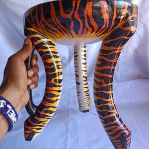 Beautiful Handmade Oval Wood Entiger Print 3 Legged Stool With a Handle ...