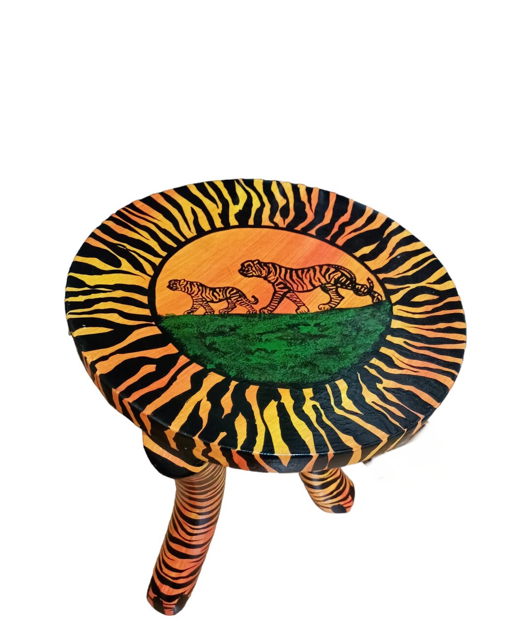 Beautiful Handmade Oval Wood Entiger Print 3 Legged Stool With a Handle ...