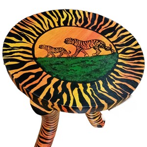 Beautiful Handmade Oval Wood Entiger Print 3 Legged Stool With a Handle ...