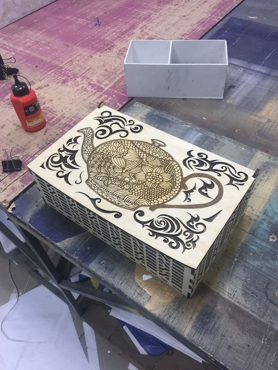Laser Cut Decorative Tea Box With Tea Kettle Teapot Drawing | Etsy