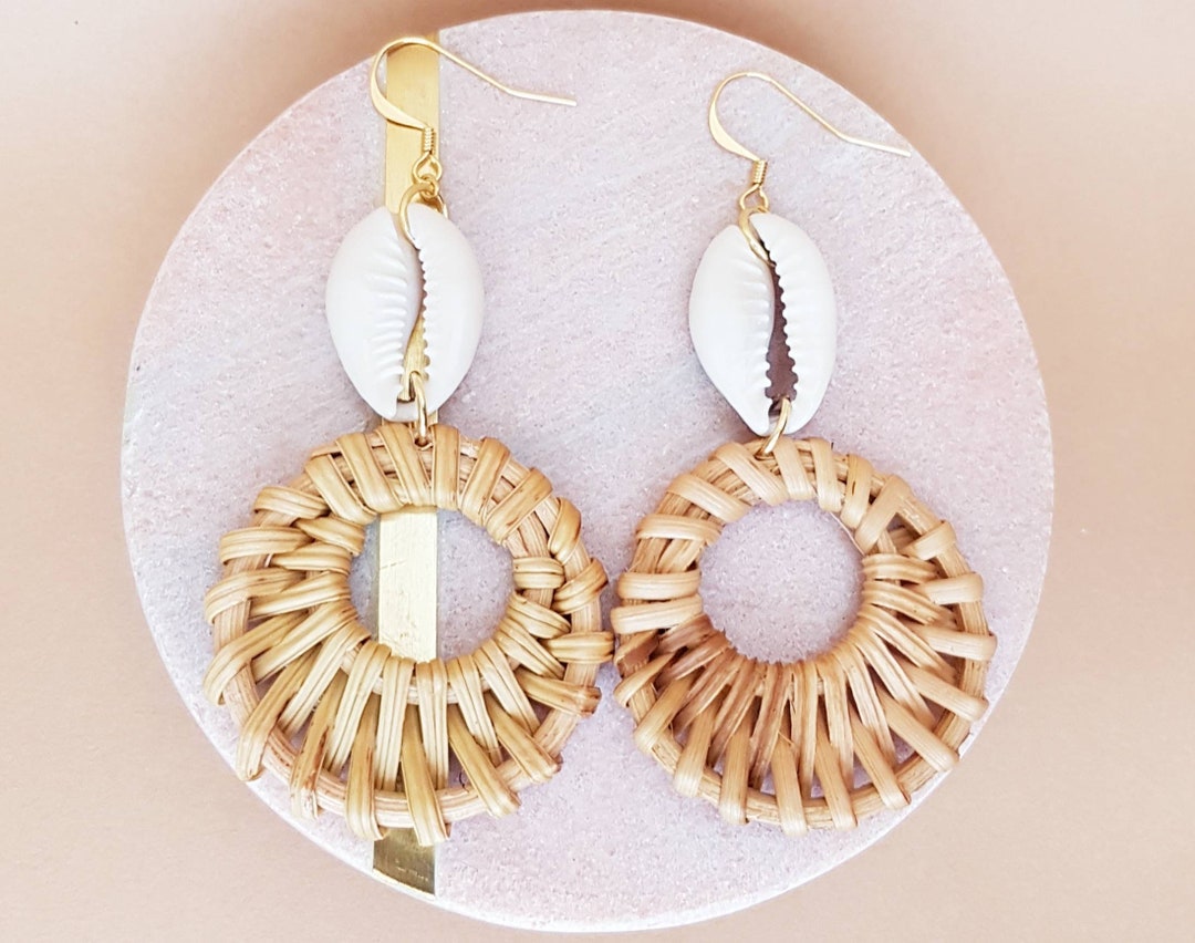 Large Hanging Earrings With Kauri Shell and Rattan Ring - Etsy
