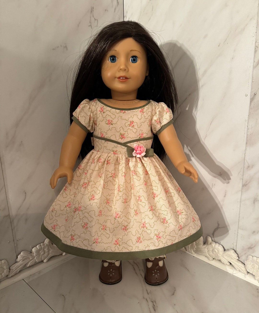 Beige Print Dress With Ties and Bead Necklace for 18 Doll - Etsy