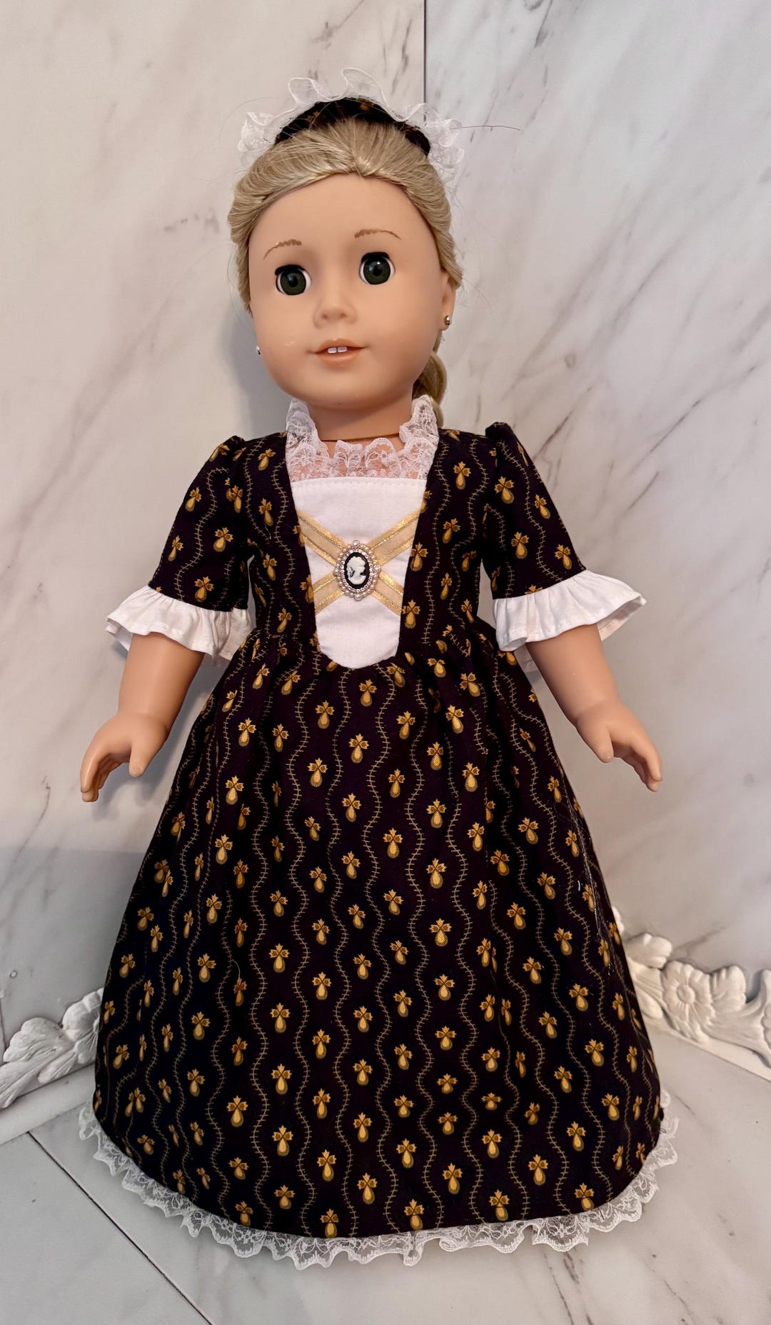 Black Print Colonial Gown With Cameo Jewel and Pinner Cap for 18" Doll ...