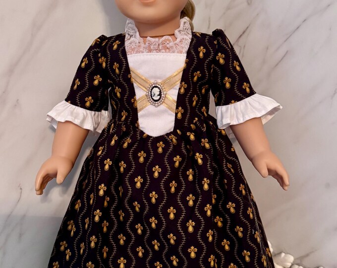 Black Print Colonial Gown With Cameo Jewel and Pinner Cap for 18" Doll ...