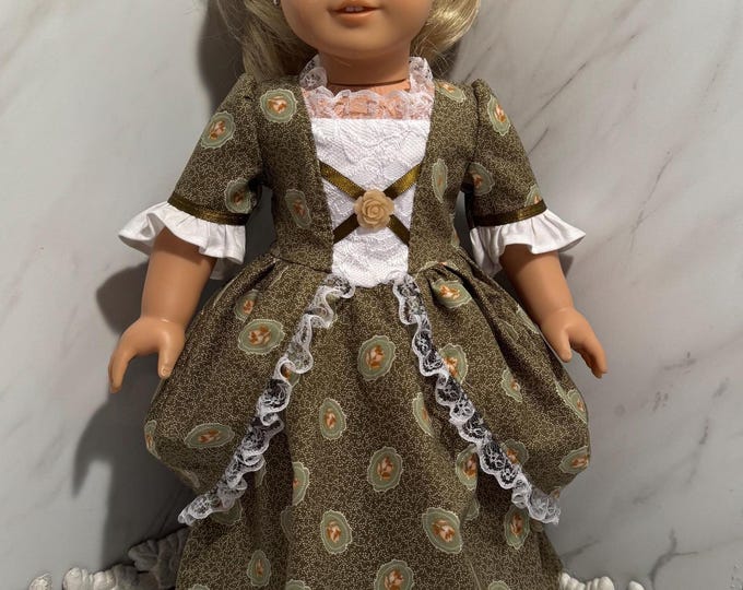 Green Rose Print Colonial Gown With Rose Jewel and Pinner Cap for 18 ...