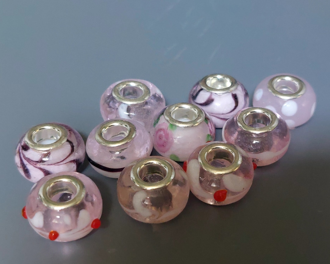 Pink Pandora Style Murano Glass Beads, Large Hole Beads, European Glass ...