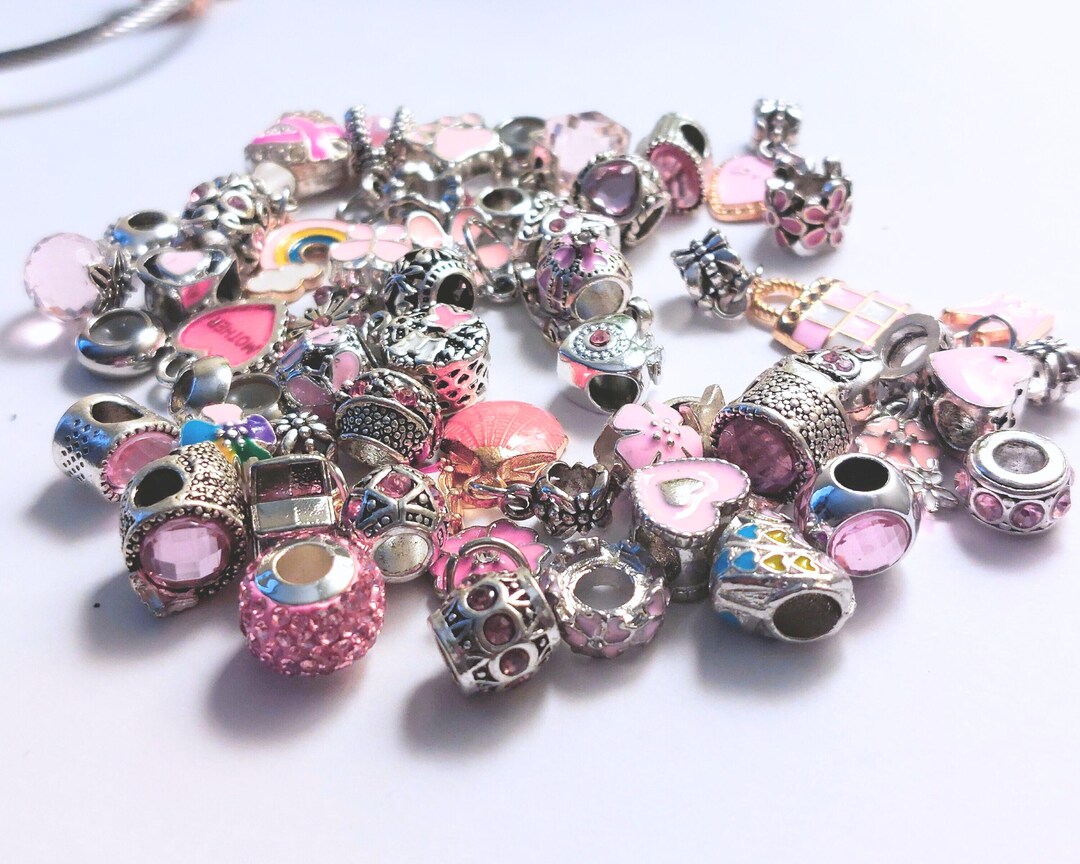Pink Pandora Style Charms, Pink Silver Beads, Snake Chain Bracelet ...