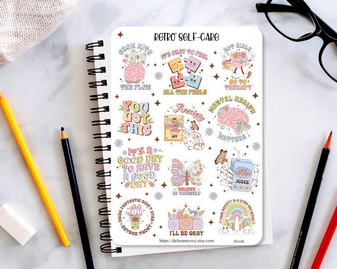 Retro Self Care Planner Sticker Sheet, Mental Health Support Stickers ...