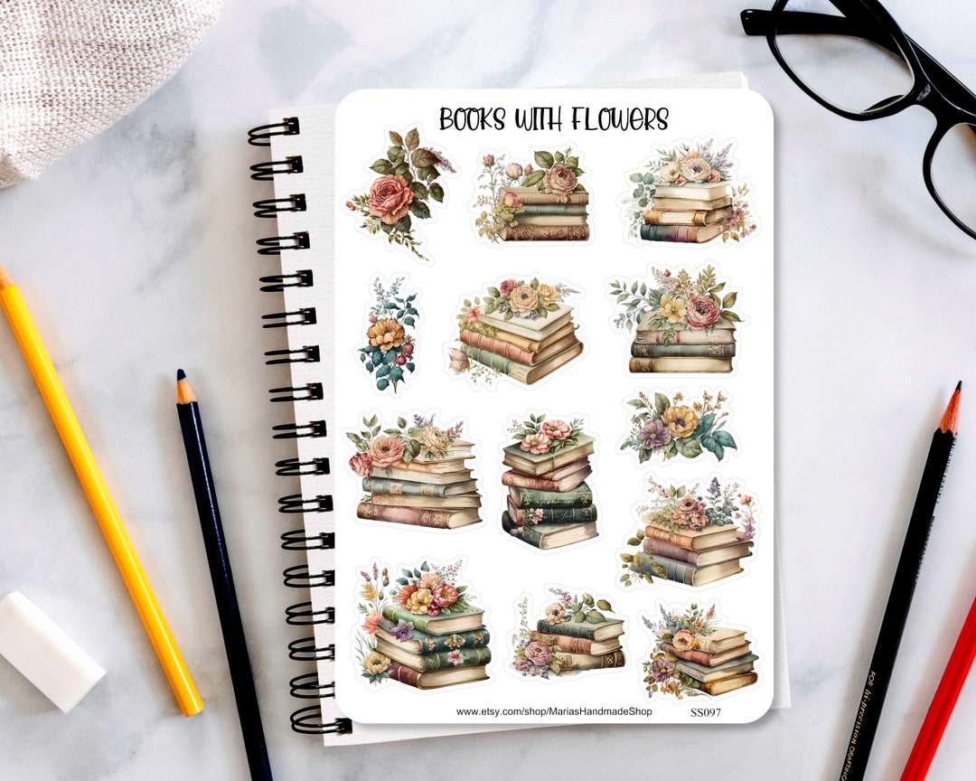 Book Sticker Sheet, Books With Flowers Sticker Sheet, Planner Stickers ...