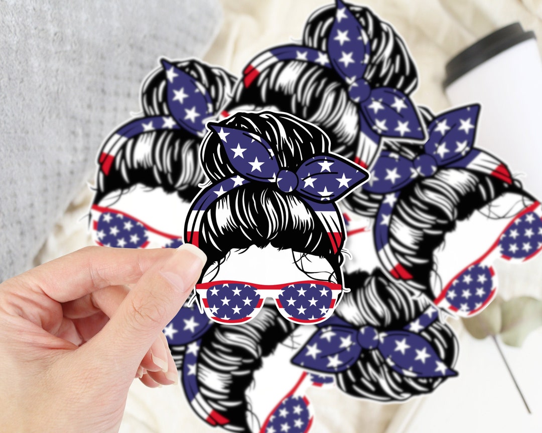 Messy Bun Sticker, American Flag Messy Hair Bun, Laptop Sticker ...