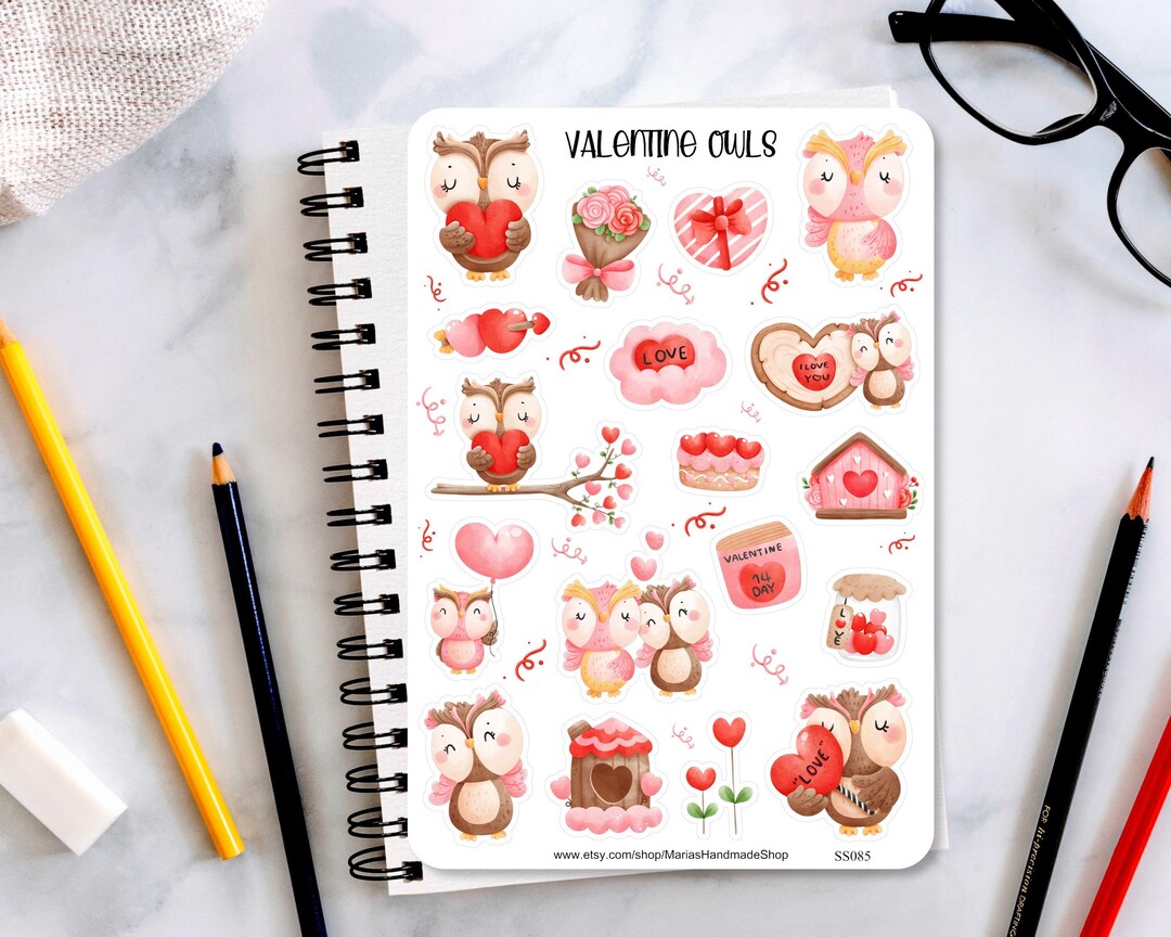 Happy Valentine's Day Sticker Sheet, Owl Valentines Day Stickers, Love ...