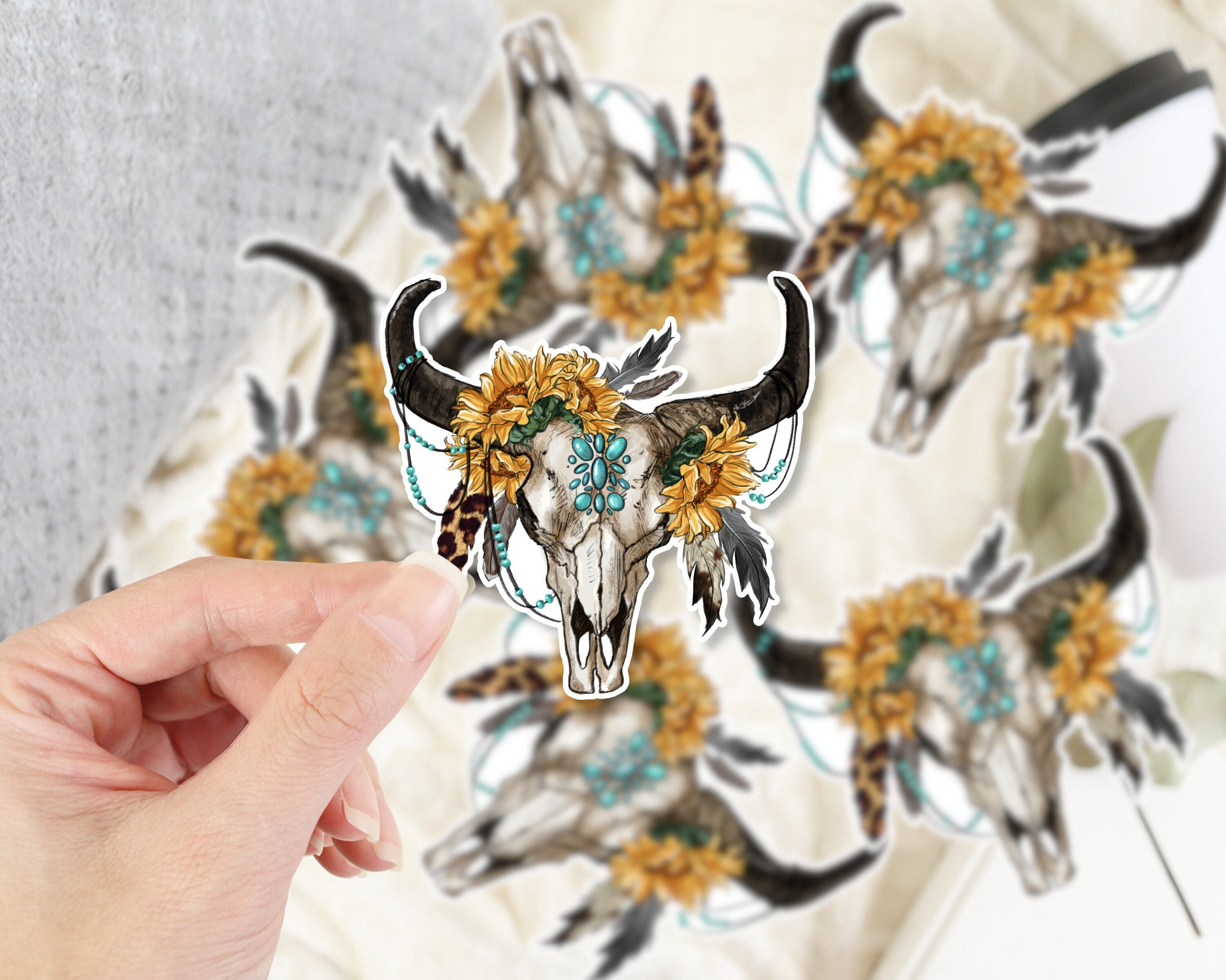 Sunflower Boho Bull Skull Sticker Bull Skull Sticker - Etsy