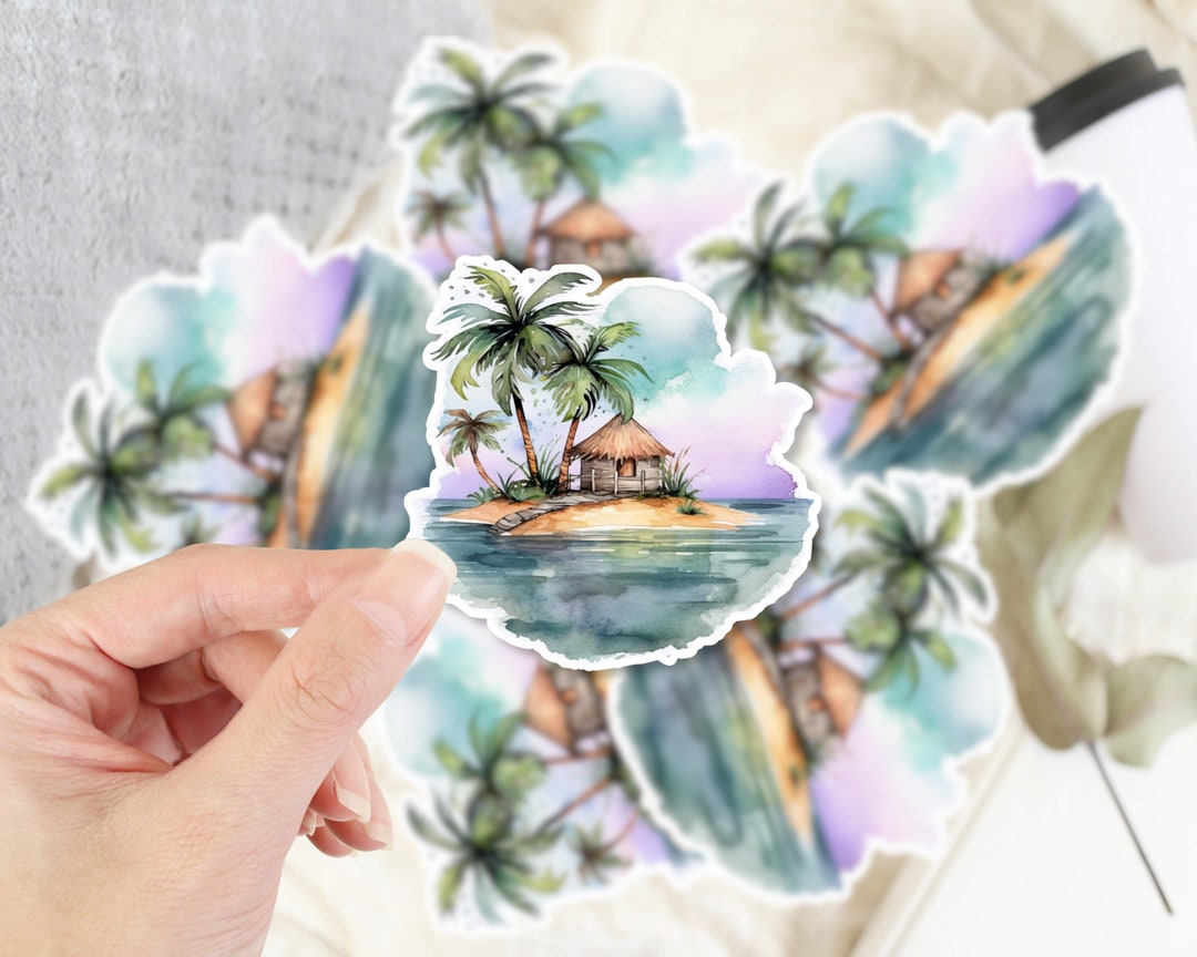 Beach Sticker, Tropical Vinyl Sticker, Palm Tree and Hut on Island ...