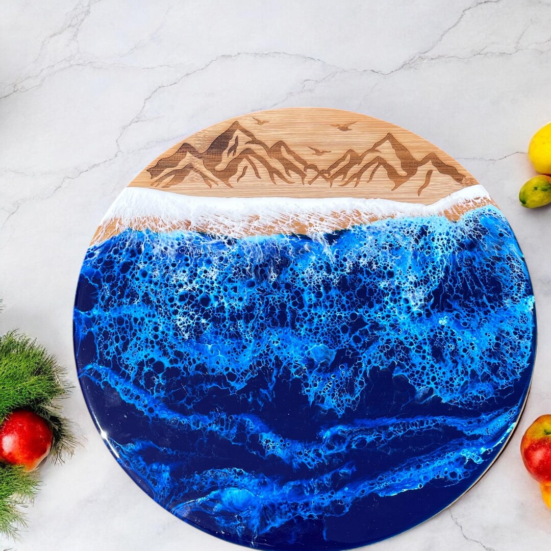 Bamboo Lazy Susan With Resin Beach Ocean Wave Laser Engraved Mountain ...