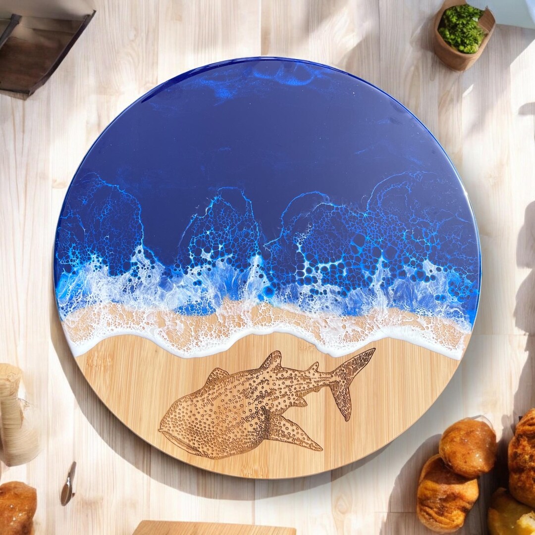 Bamboo Lazy Susan With Resin Beach Ocean Wave Laser Engraved Whale ...