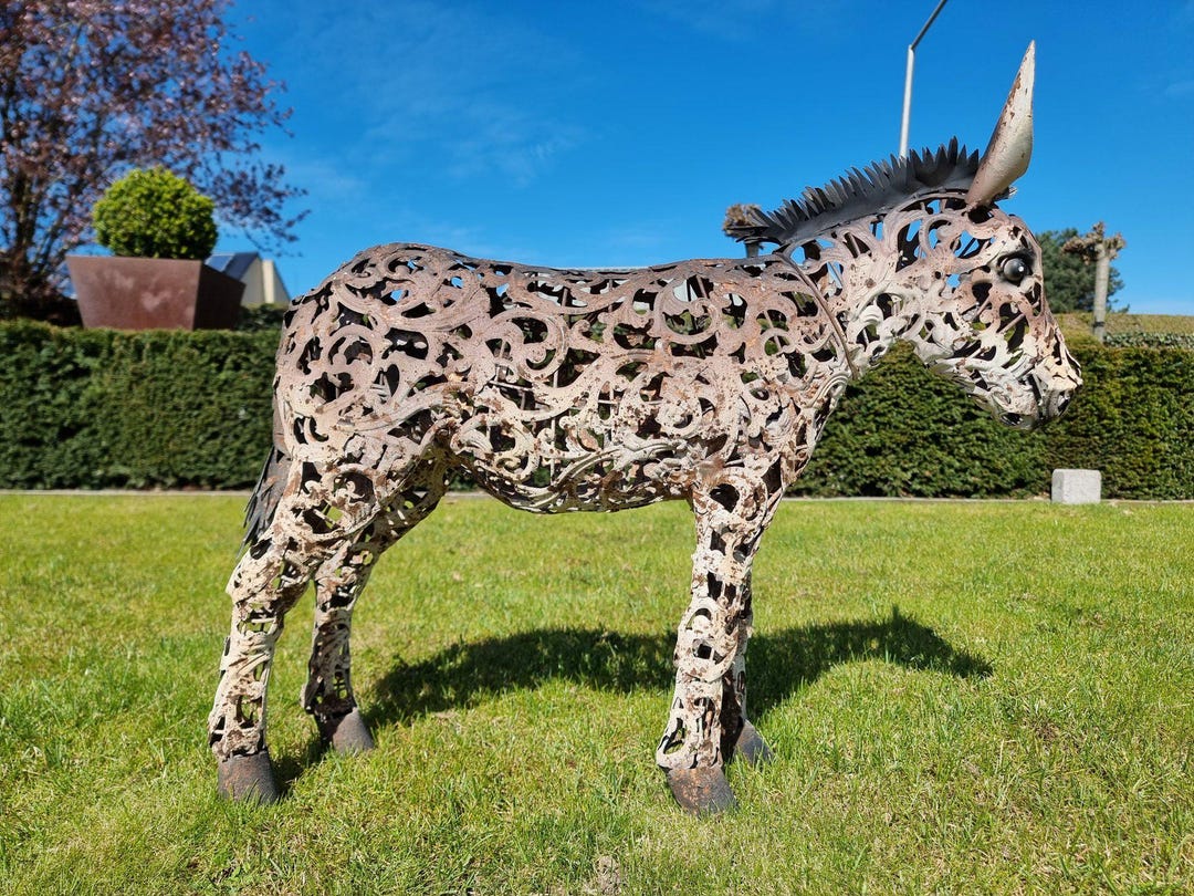 Cute Donkey Statue Metal Garden Art Lawn Animals Baby Donkey Iron ...