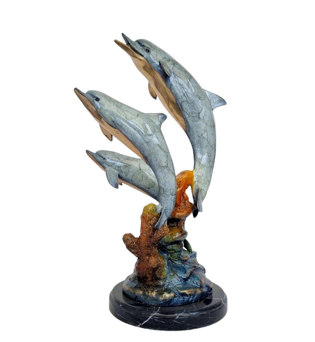Elegant Sculpture With Marble Base and Three Porcelain Dolphins ...