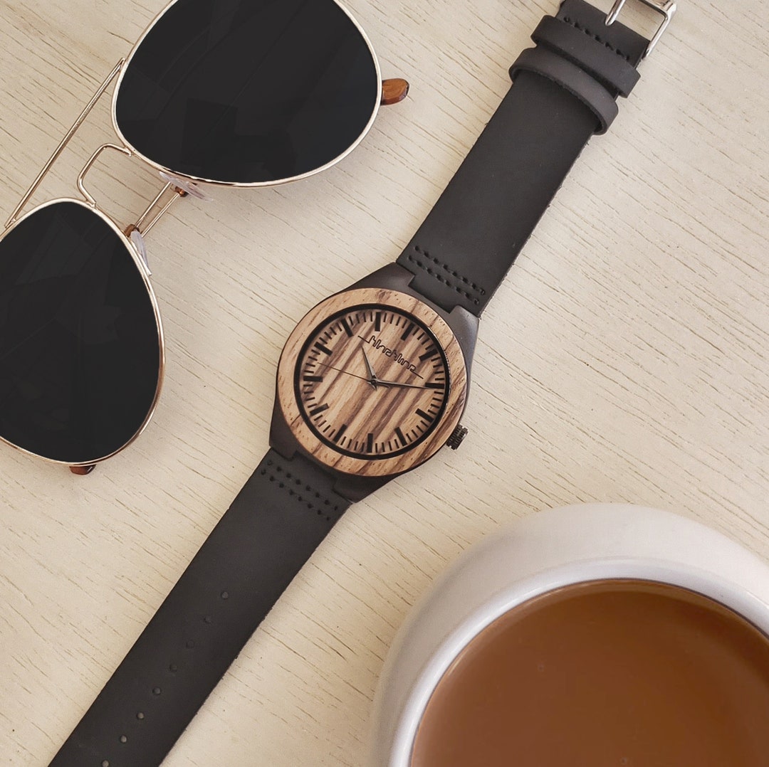 Personalized Zebrawood Watch, Engraved Brazilian Ebony, Leather Strap ...
