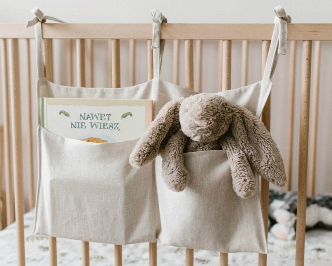 Double Pocket Linen Cot Storage, Baby Bedside Storage, Neutral Nursery ...