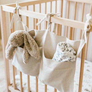 Double Pocket Linen Cot Storage, Baby Bedside Storage, Neutral Nursery ...