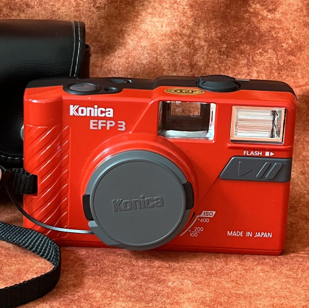 Konica EFP-3 Red Camera and Case. Point and Shoot 35mm Film Camera. Compact Konica Lens. Fixed ...