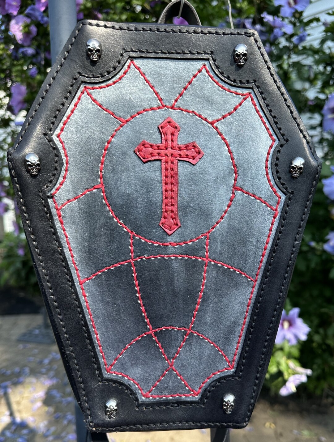 Leather Coffin Backpack Black With Red Decorative - Etsy