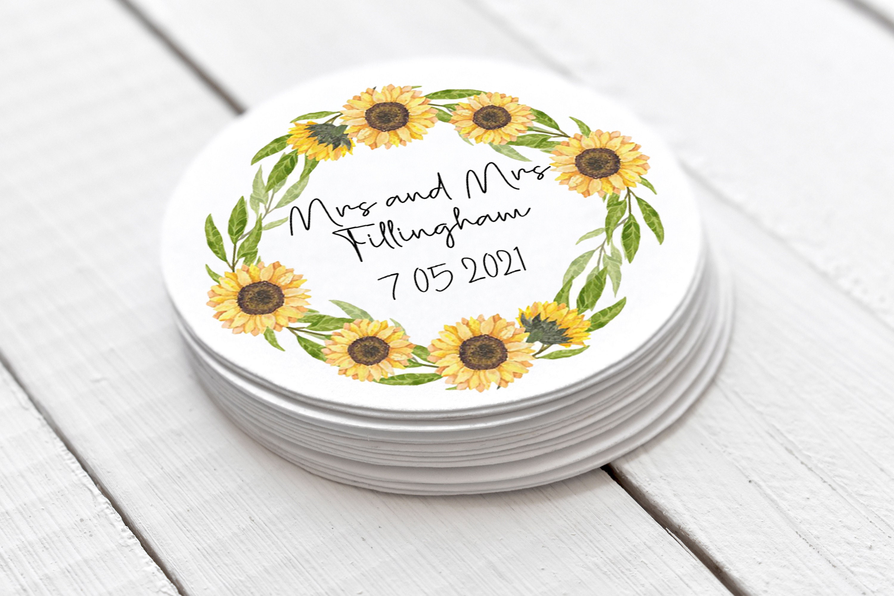 Personalised Round Wedding Stickers Your Text Sunflower - Etsy
