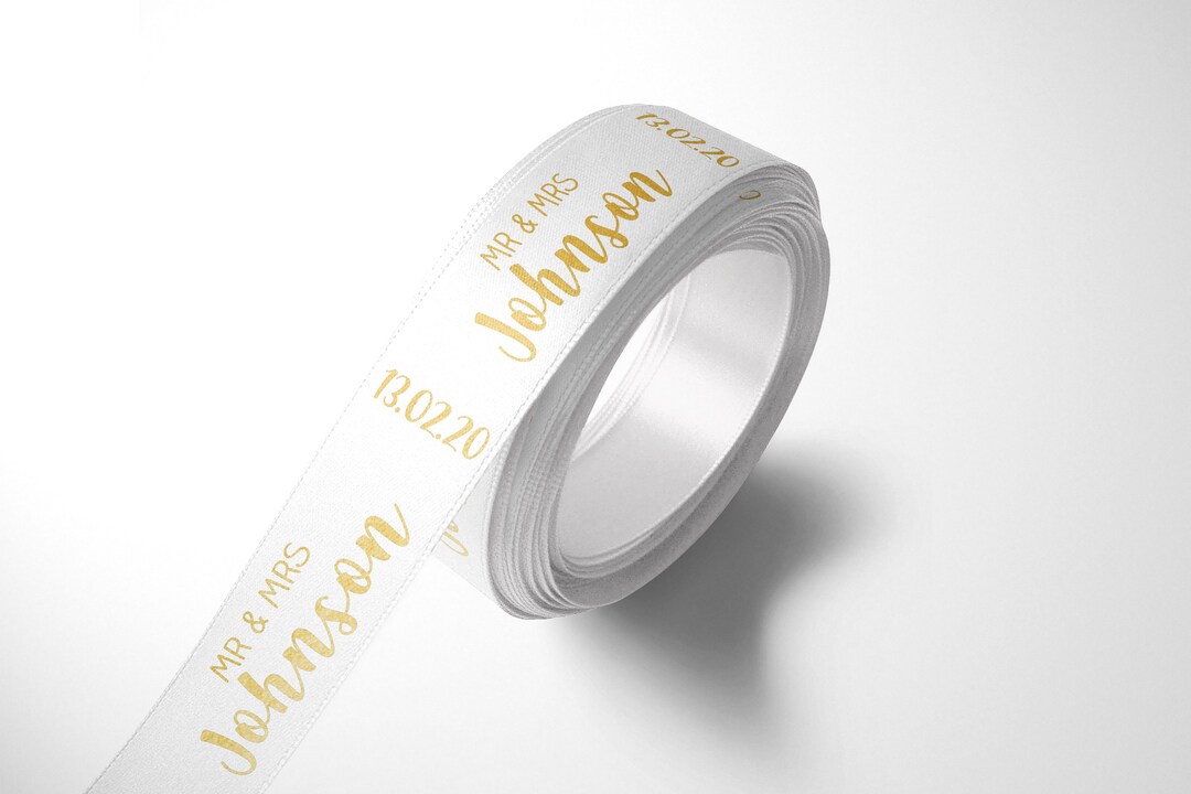 Personalised 15mm Ribbon. Satin Wedding Ribbon, Your Names Date, Gold ...