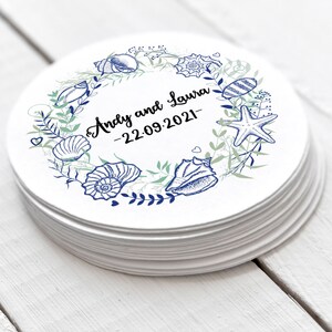 Personalised Round Wedding Stickers, Your Text, Seashell Wreath, Sea ...