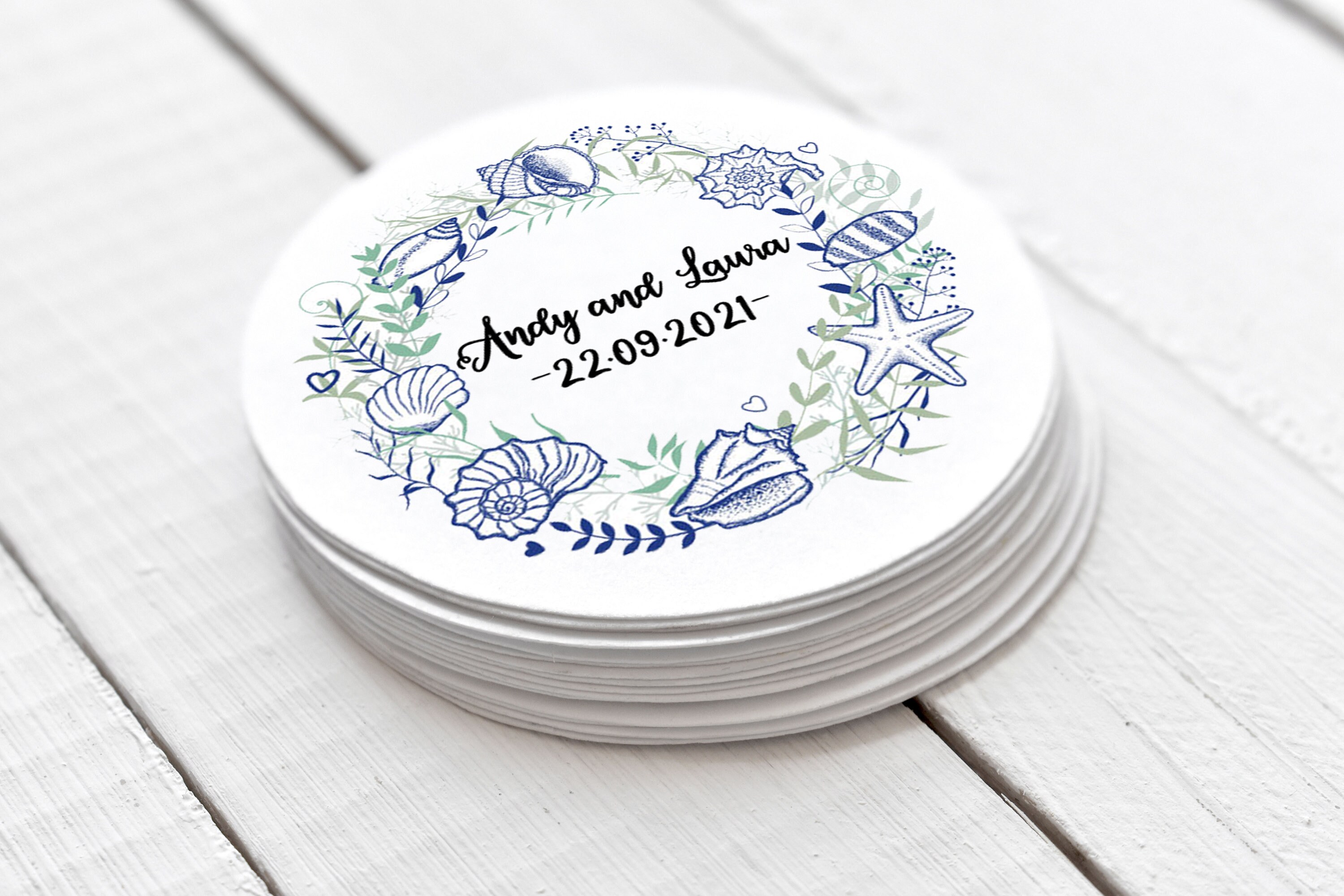 Personalised Round Wedding Stickers, Your Text, Seashell Wreath, Sea ...