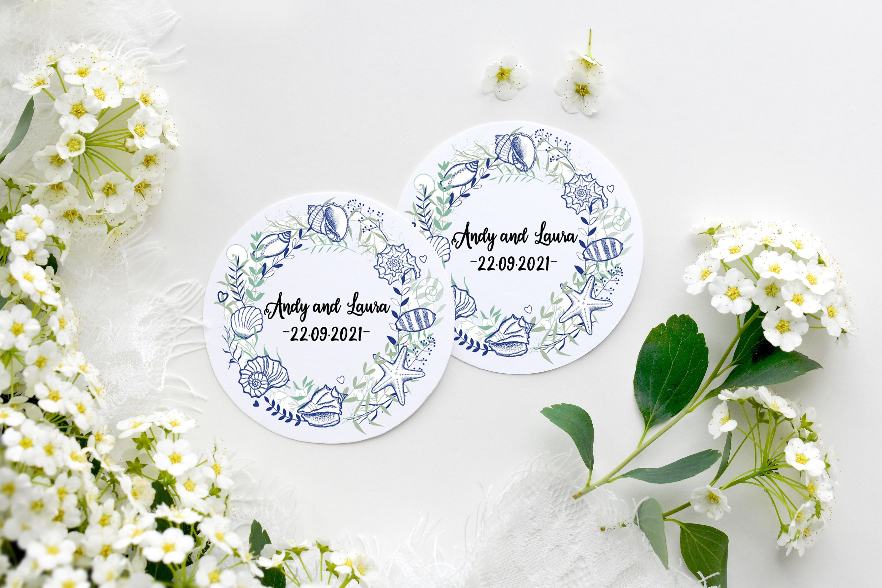 Personalised Round Wedding Stickers, Your Text, Seashell Wreath, Sea ...