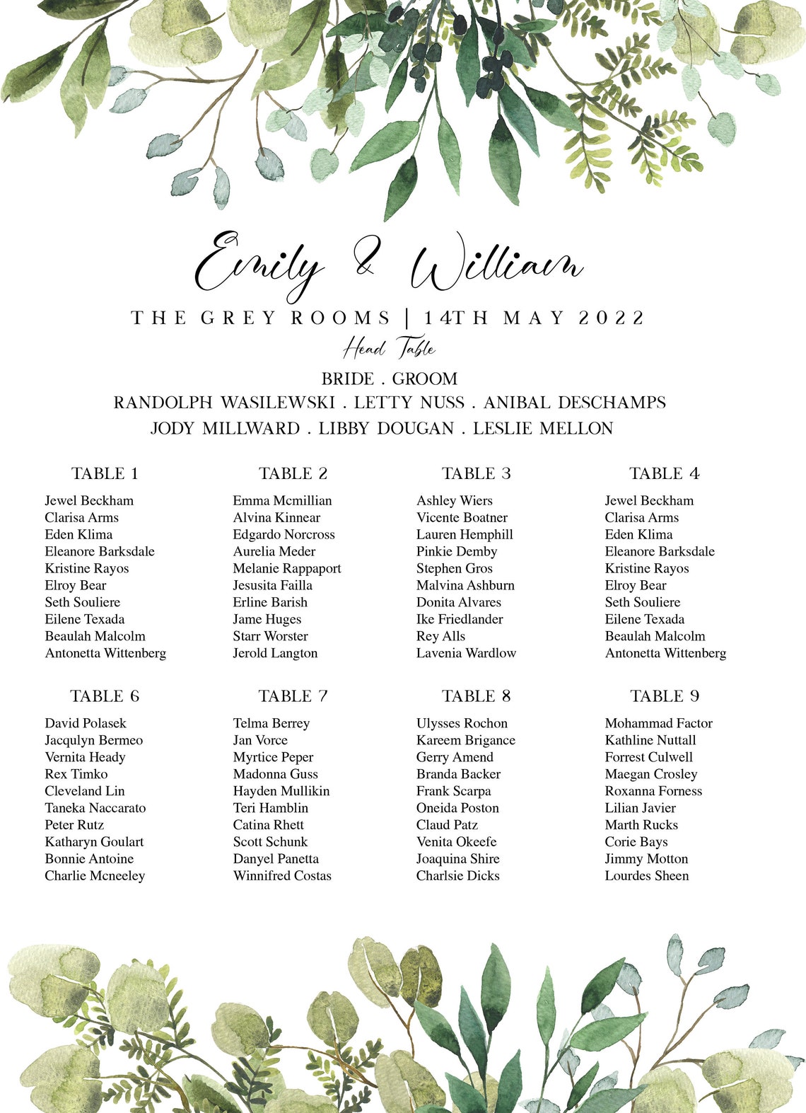 A1, A2, Wedding Seating Chart, Wedding Seating Plan, Personalised ...