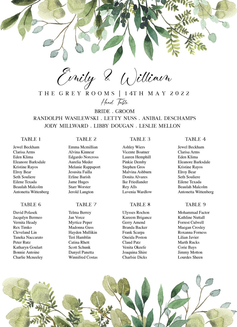 A1, A2, Wedding Seating Chart, Wedding Seating Plan, Personalised ...