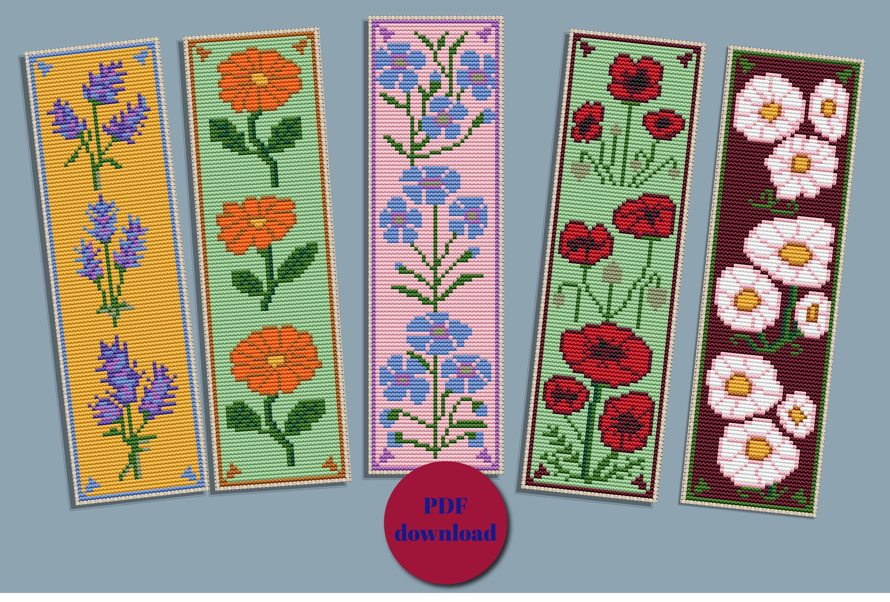 Floral Bookmark Set Cross Stitch Pattern Download PDF Handmade Bookmark ...