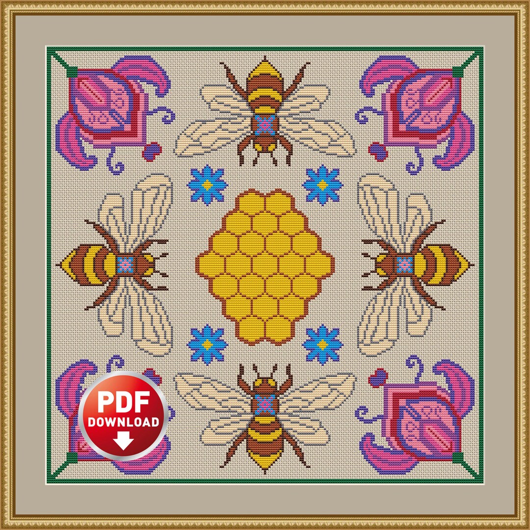 Honey Bee Counted Cross Stitch Pattern, Honeycomb Hive Beeswax Embroidery PDF Chart, DIY Hoop ...