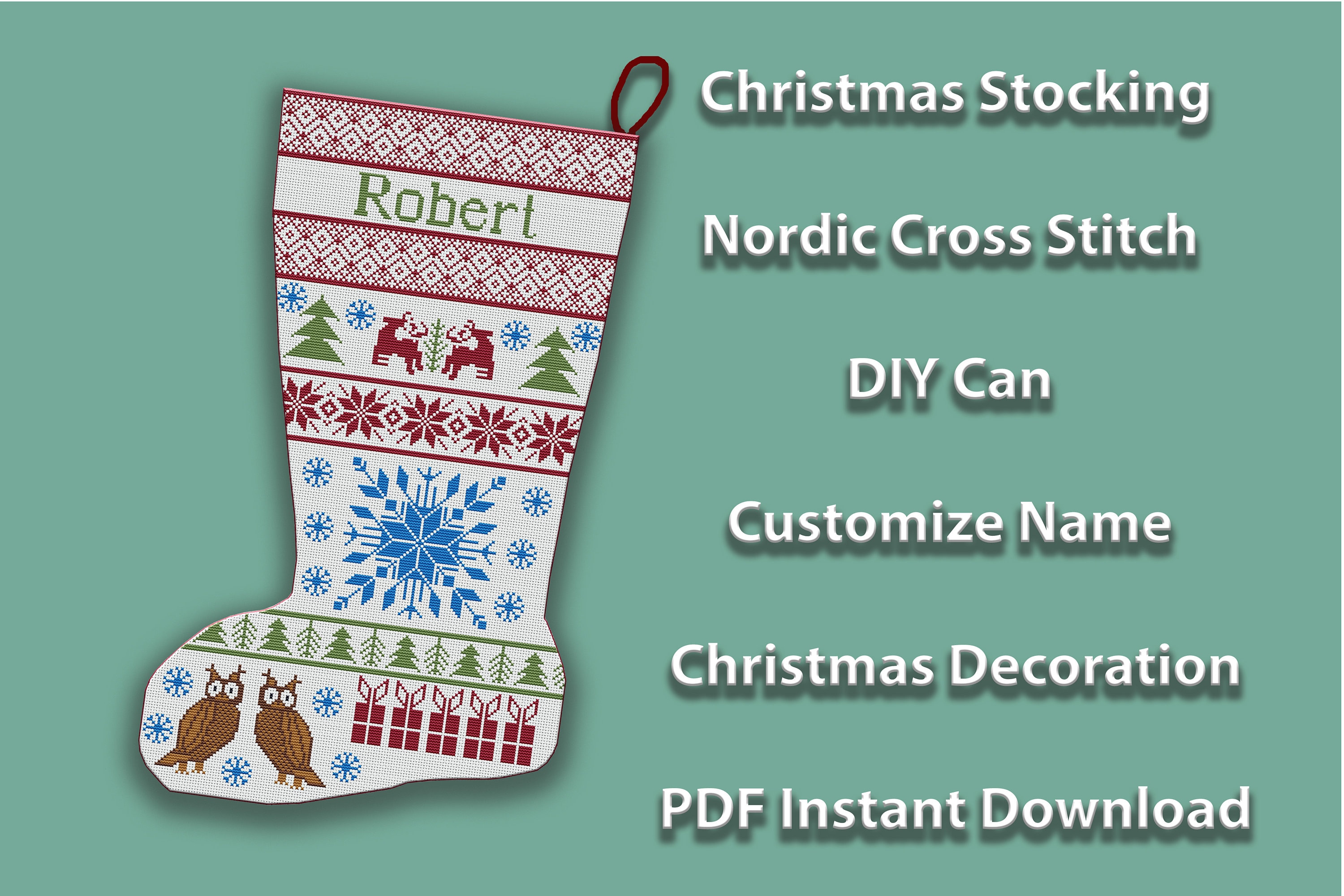 Christmas Stocking Pattern Nordic Cross Stitch DIY Can Customize Name ...
