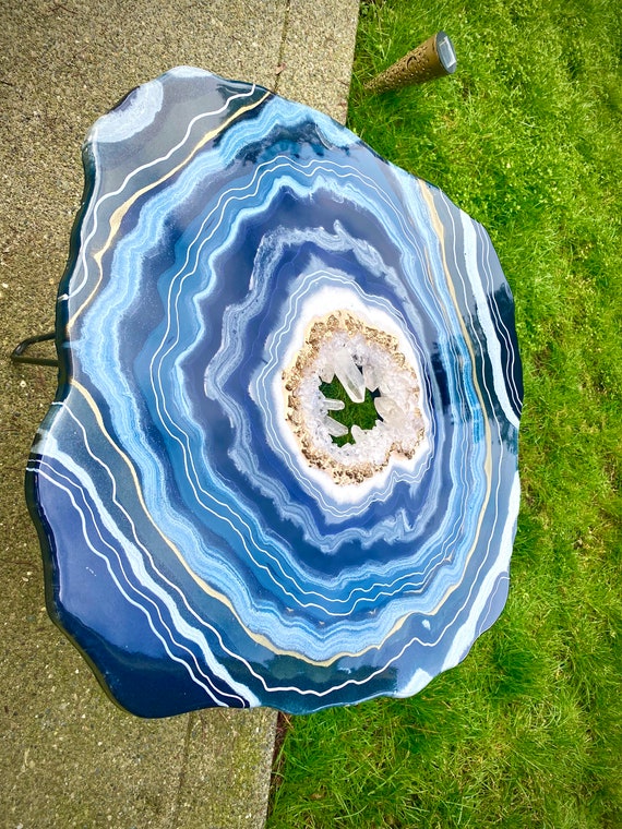 Dark Blue Table 2ft Geode Crystal Side Table Home Decoration Accent Table Functional Art Hand Made genuine Quartz Painting navy Artwork Etsy