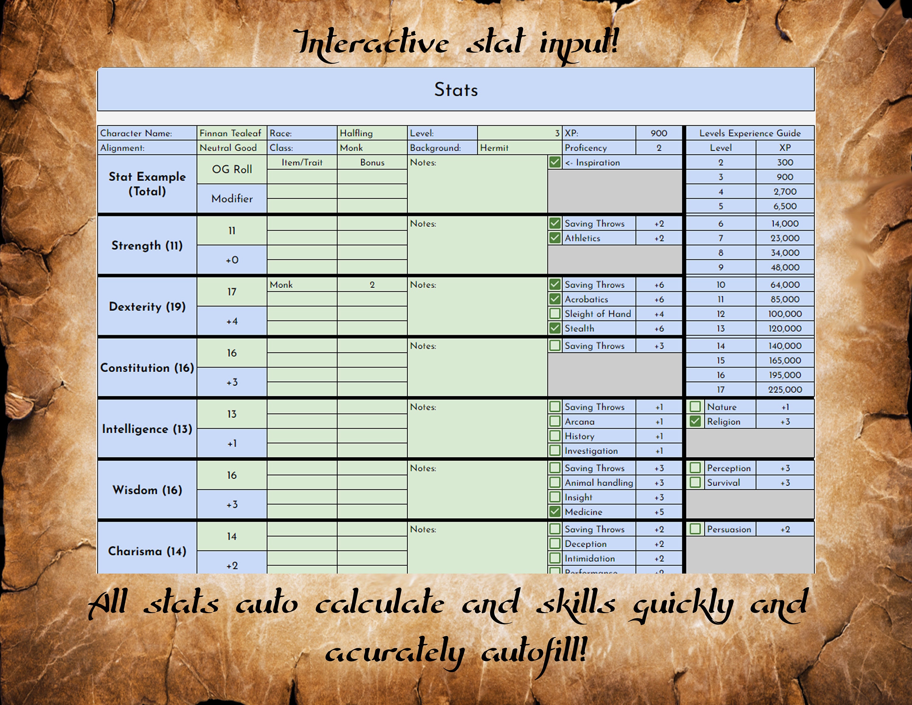 DND 5e Character Sheet Auto Input Google Sheet Inputs All Stats Magic ...