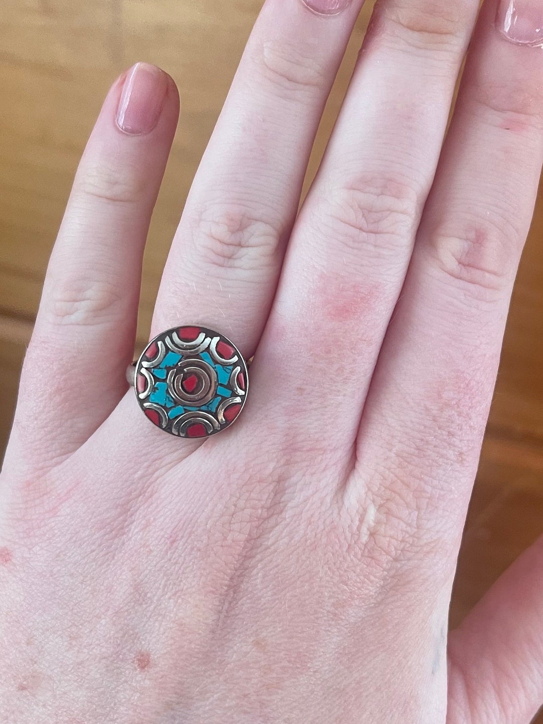 Vintage 80s Tibetan Turquoise and Red Coral Mosaic Nepali Ring Size 8 ...